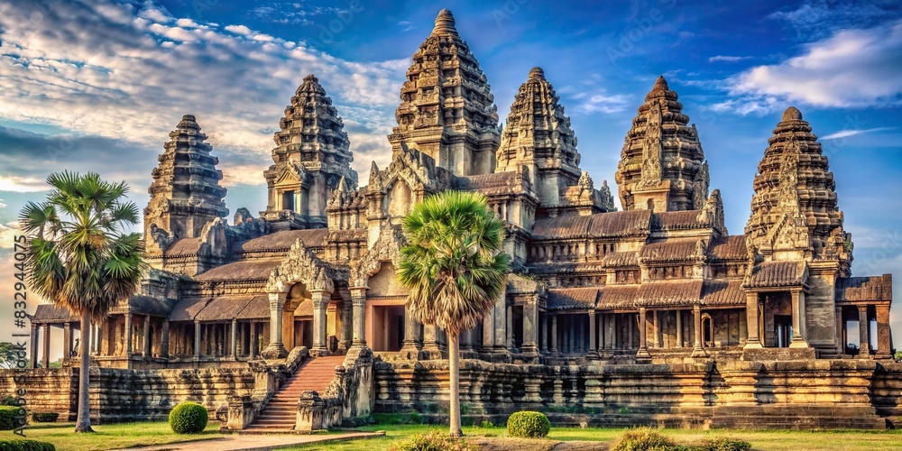 Ancient temple complex in Angkor Wat, Cambodia with intricate stone ...