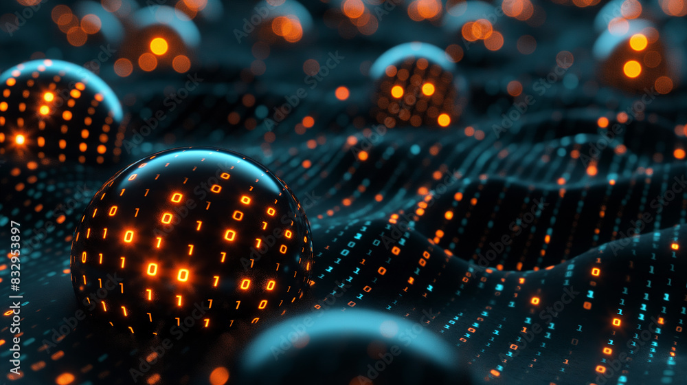 futuristic technology background with glowing binary codes on black ...