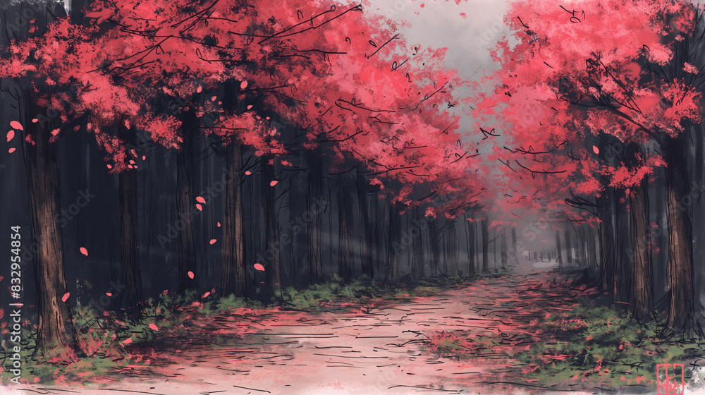 Beautiful misty blossom forest in a japanese manga style. Japanese ...