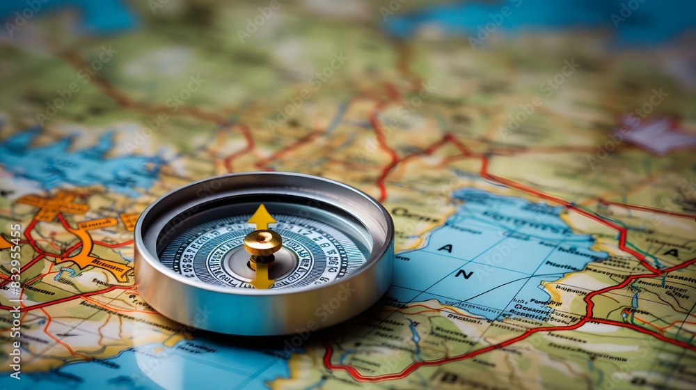 Magnetic compass and location marking with a pin on routes on world map ...