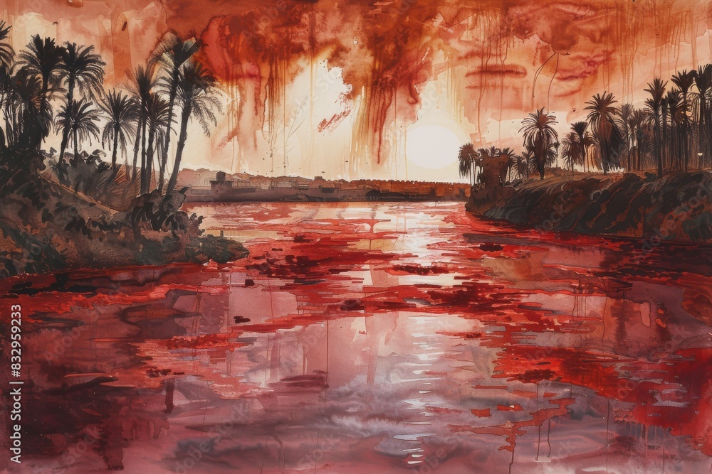 Turning water to blood, Bible story. Stock Illustration | Adobe Stock