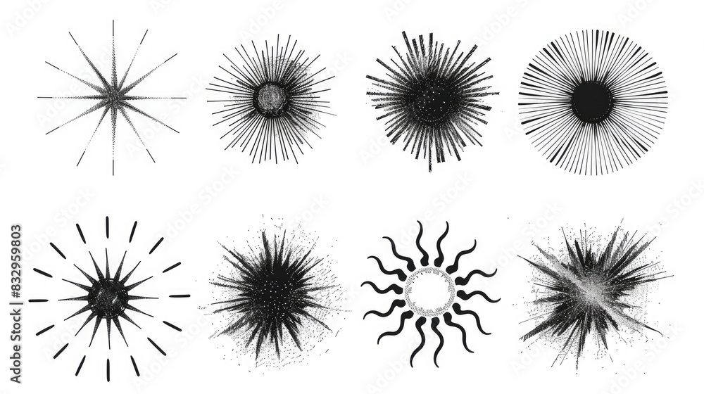 Collection of sunburst burst effects and retro sketches on a plain ...
