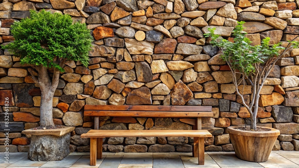 Wild stone cladding wall and wooden bench with decorative tree trunks ...