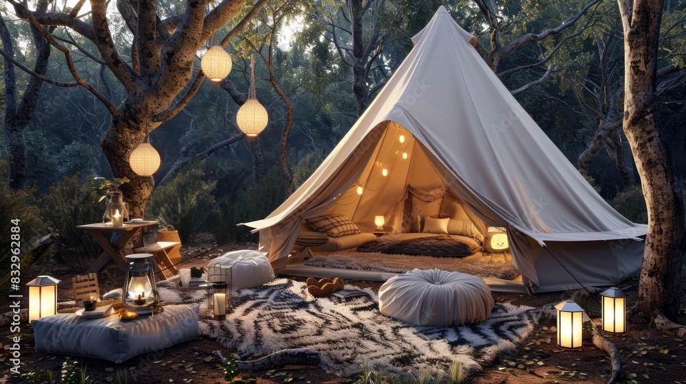 A luxurious glamping setup is surrounded by soft, diffused light ...