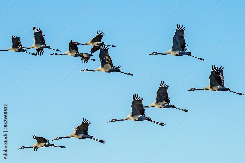 A formation of Common cranes flying in a perfect V-formation across a ...