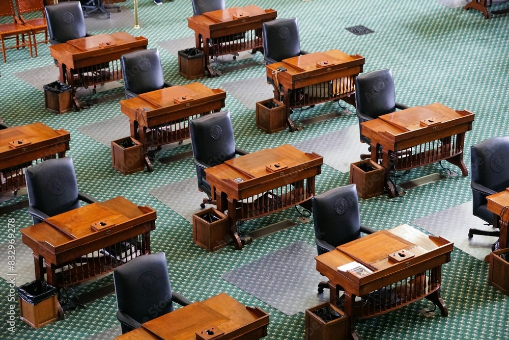 Austin, Texas, U.S.A - April 9, 2024 - The leather seats and the wooden ...