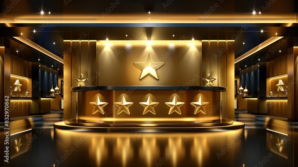 Five-star rating system in a luxury hotel lobby, front view, showcasing ...