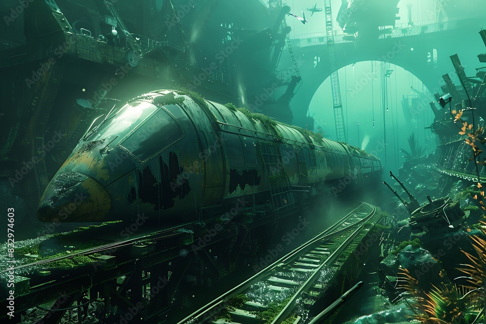 A futuristic underwater train gliding through a shipwreck graveyard ...