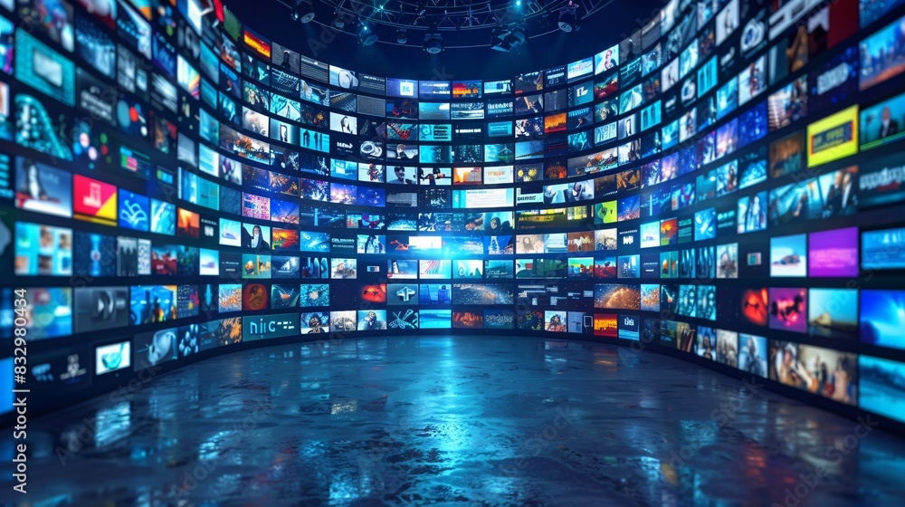 interior of an empty room with many screens on the wall. Stock ...