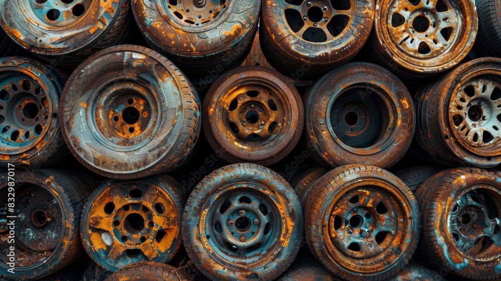 Detailed view of corroded alloy wheels stacked in a recycling plant ...