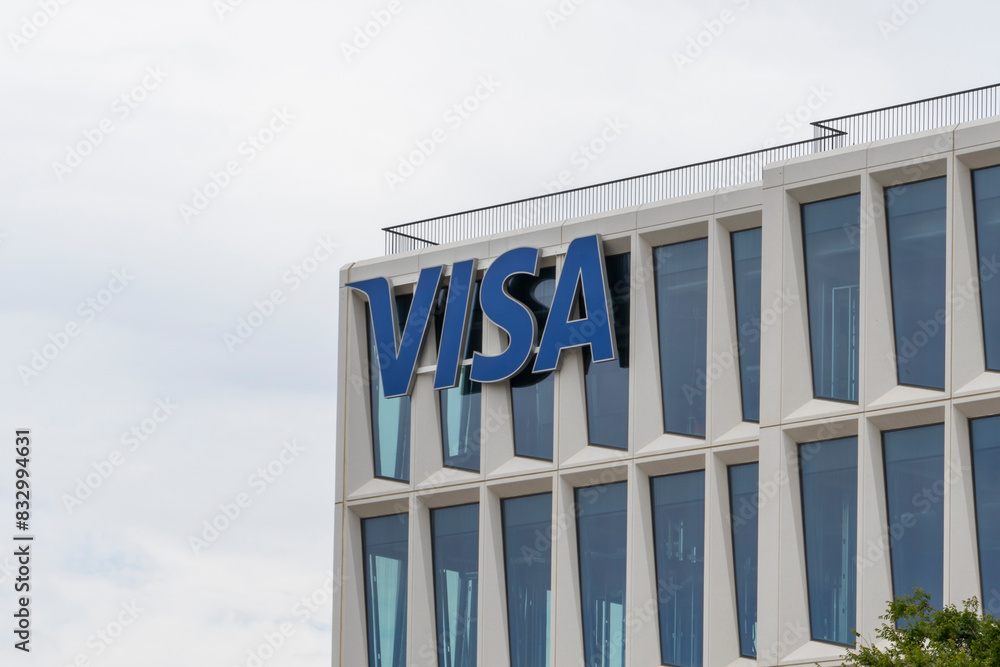 Mission Rock, San Francisco, USA - June 6, 2023: Visa signage on the ...