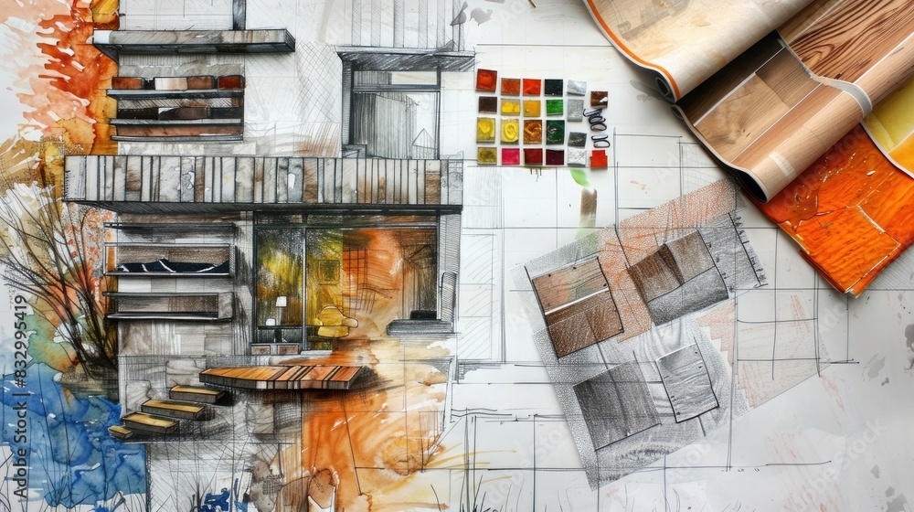 architectural drawings with palette of colors and wooden sampler for ...
