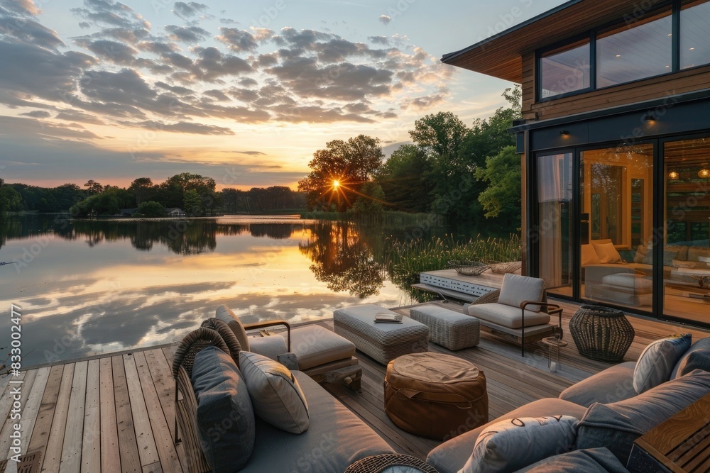 Beautiful lake front home with modern outdoor furniture on the deck ...
