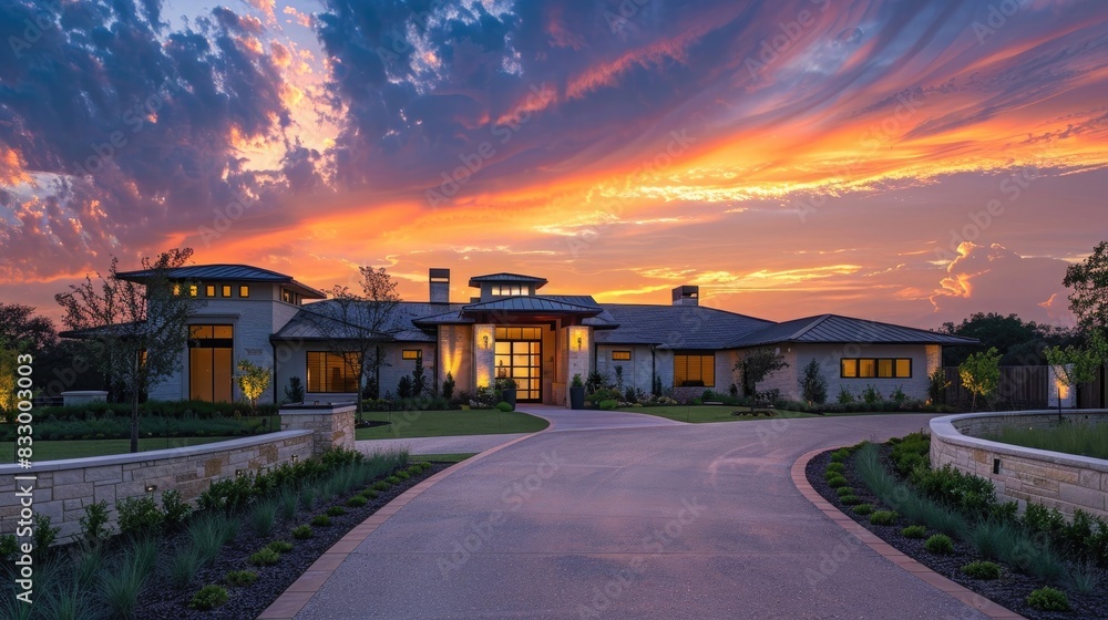 Beautiful modern luxury home in the Texas hill country at sunset with a ...