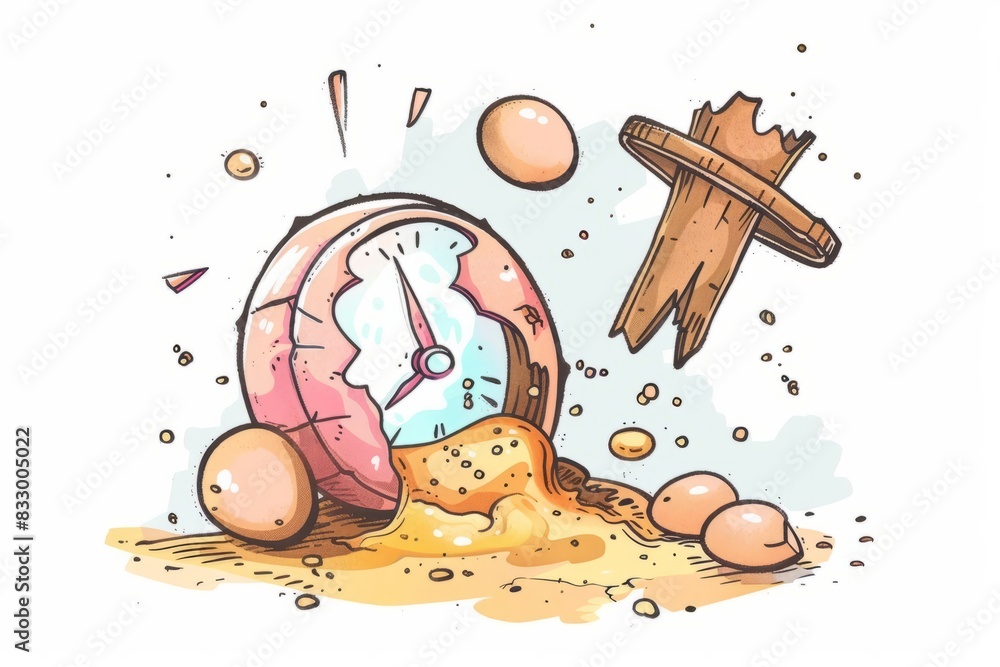 Cartoon cute doodles of a broken egg timer with cheerful sand spilling ...
