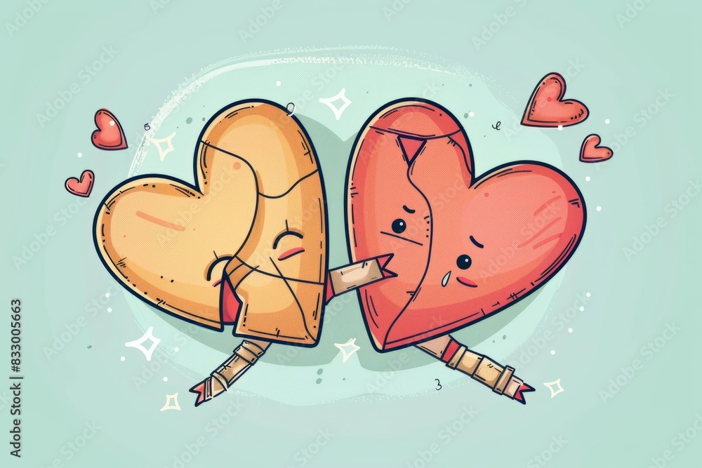 Cartoon cute doodles of a broken heart with cheerful bandages holding ...