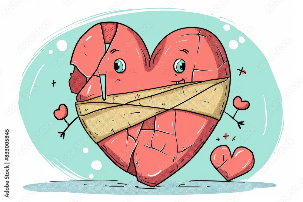 Cartoon cute doodles of a broken heart with cheerful bandages holding ...