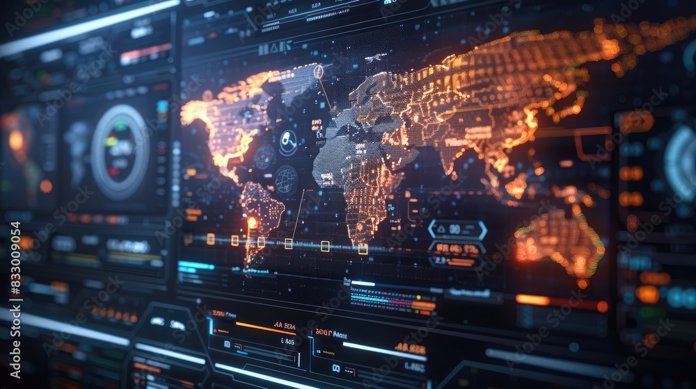 Digital world map interface with analytics and high-tech elements ...