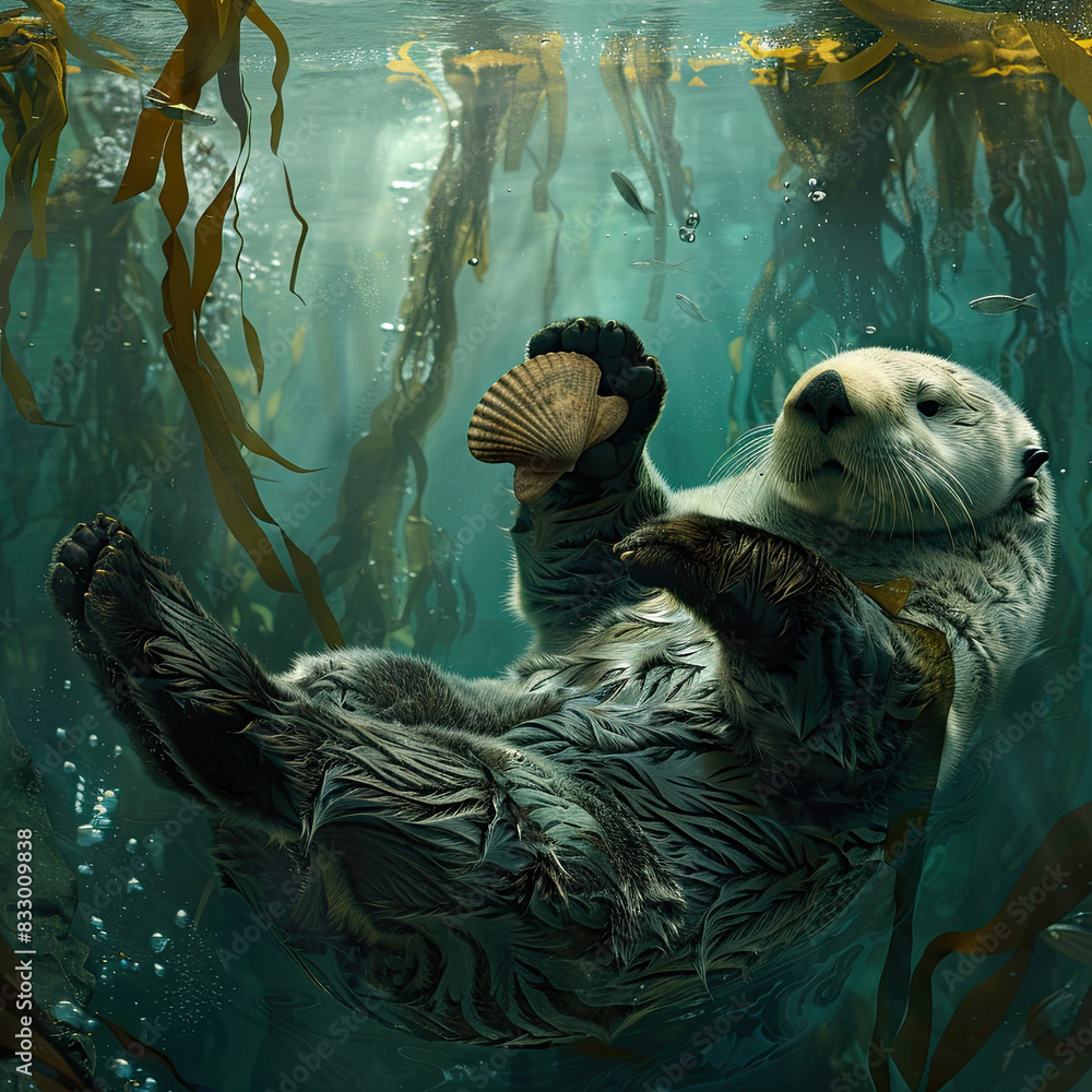 Floating sea otter with a shell in its paws, surrounded by kelp forests ...
