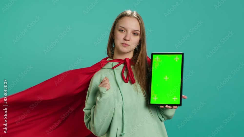 Woman wearing superhero costume presenting and talking about isolated ...