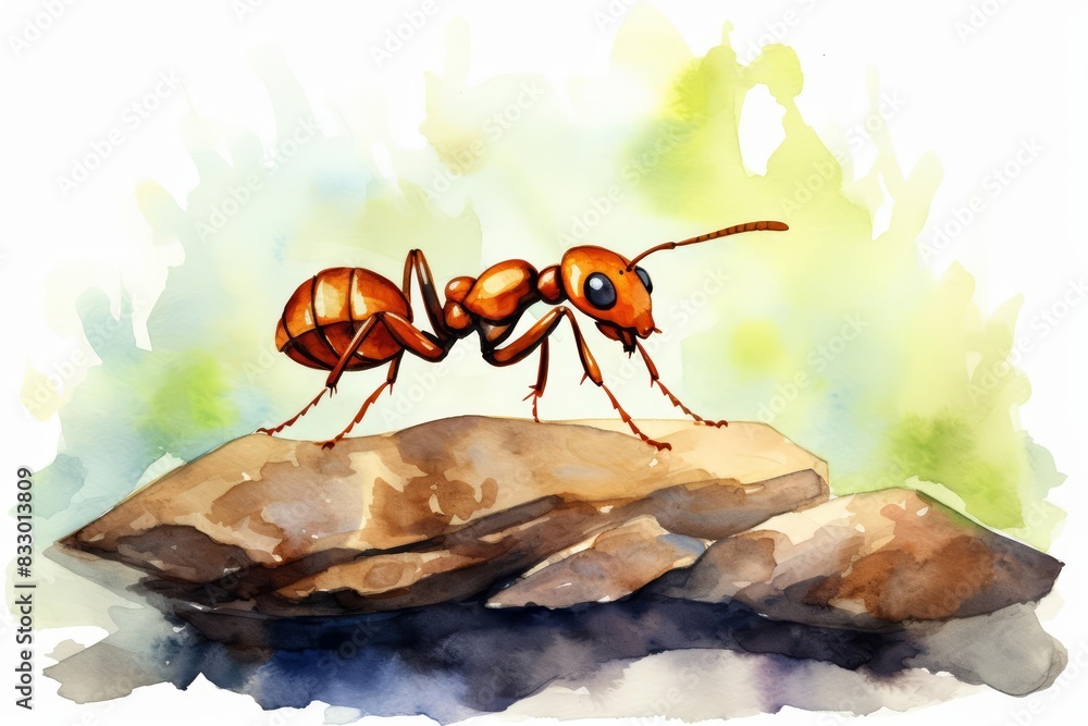 A watercolor of an ant, small and diligent, carrying a leaf ...