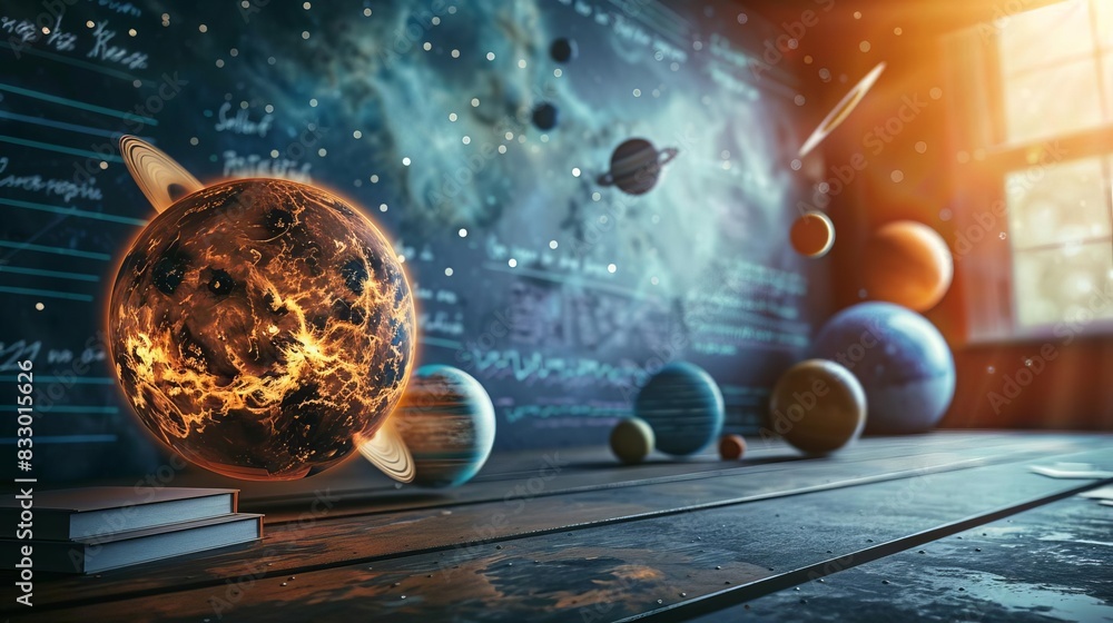 Futuristic classroom with floating planets and a digital blackboard ...