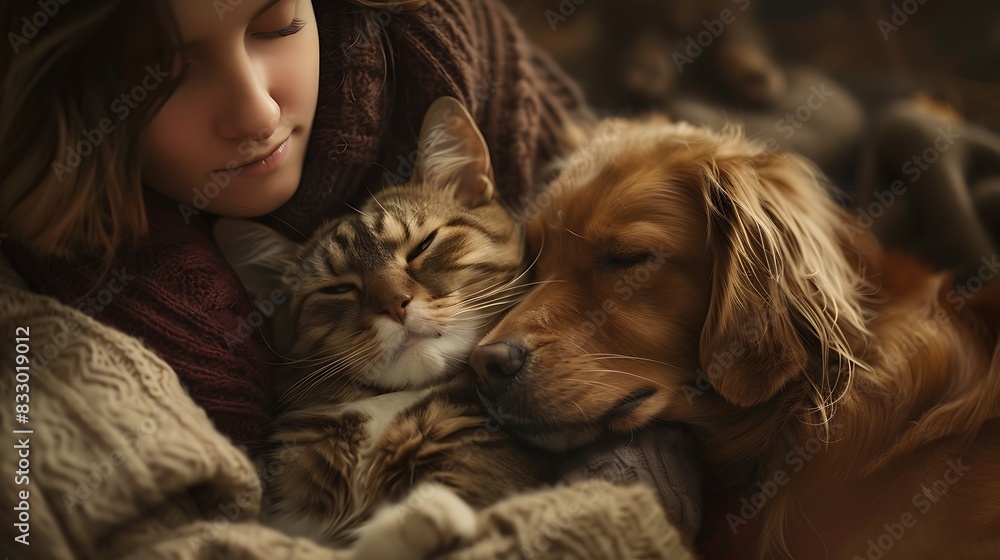 Capture a harmonious moment between a cat, a dog, and their owner, all ...
