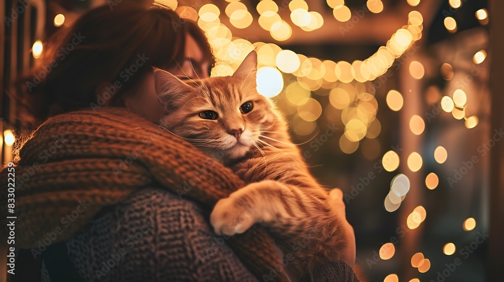 Photograph a person hugging their cat during a relaxing evening on the ...