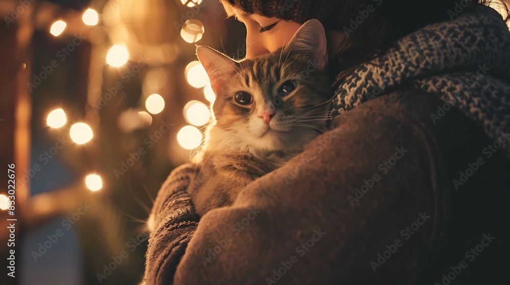 Show a person hugging their cat during a relaxing evening on the porch ...