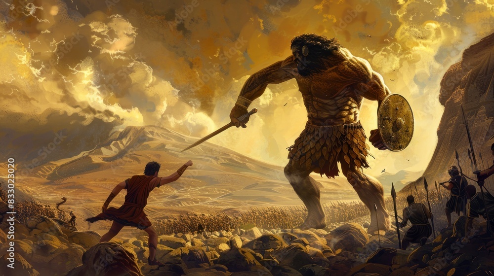 David facing Goliath on the battlefield in high resolution and high ...