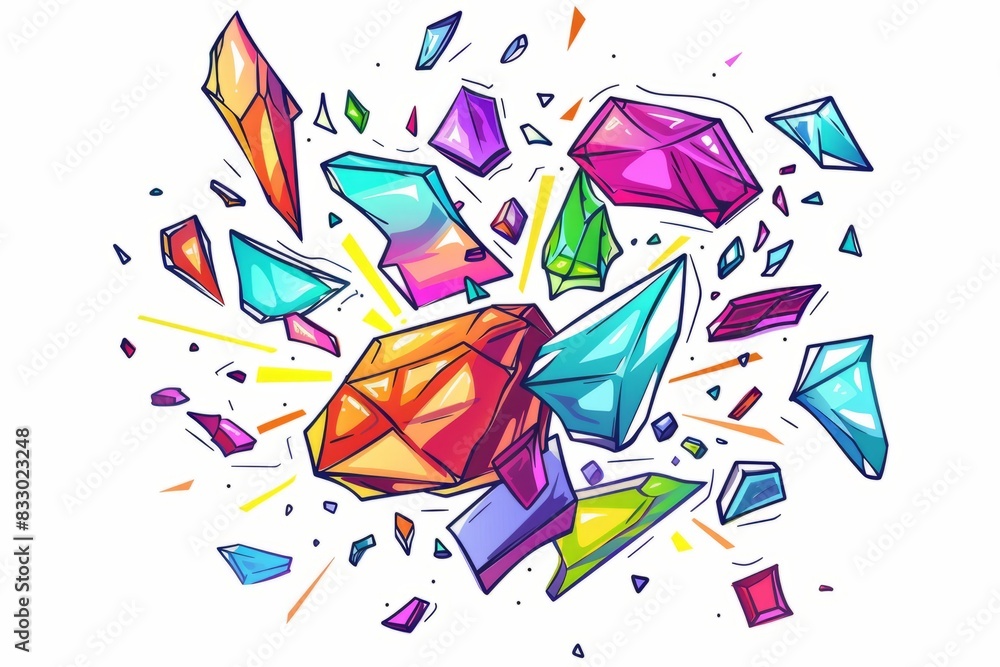 Cartoon cute doodles of a shattered gem with colorful fragments ...