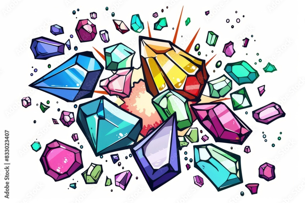Cartoon cute doodles of a shattered gem with colorful fragments ...