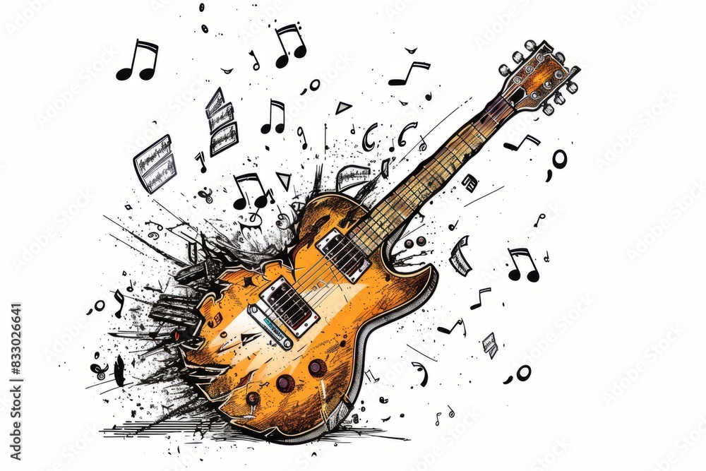Cartoon cute doodles of a smashed guitar with musical notes flying out ...