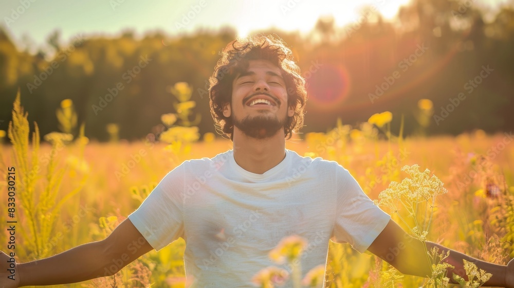 Portrait of a free and happy Latino man enjoying life with open arms on ...