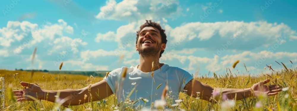 Portrait of a free and happy Latino man enjoying life with open arms on ...