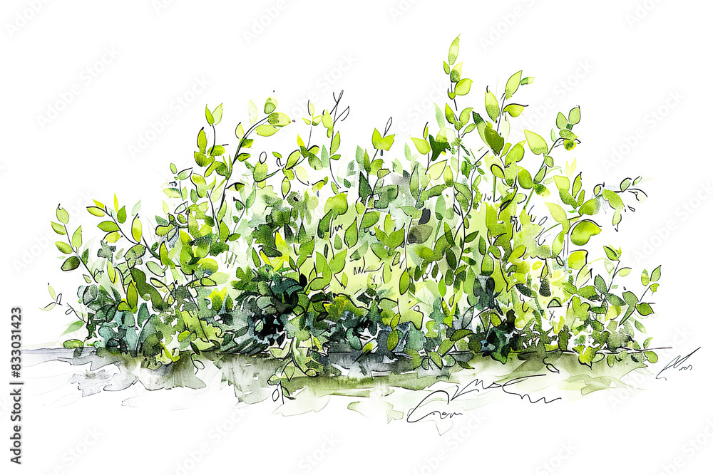 Green bush sketch architectural drawing in style of watercolor elements ...