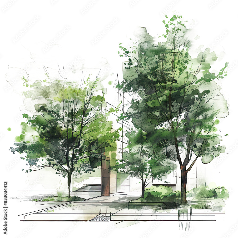 Sketch Building structure with tree in the park architectural drawing ...