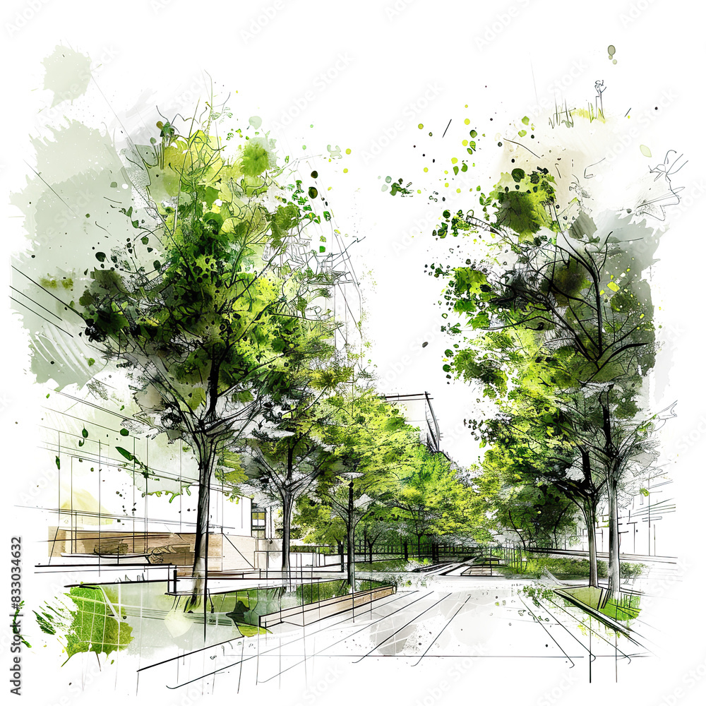 Sketch Building structure with tree in the park architectural drawing ...