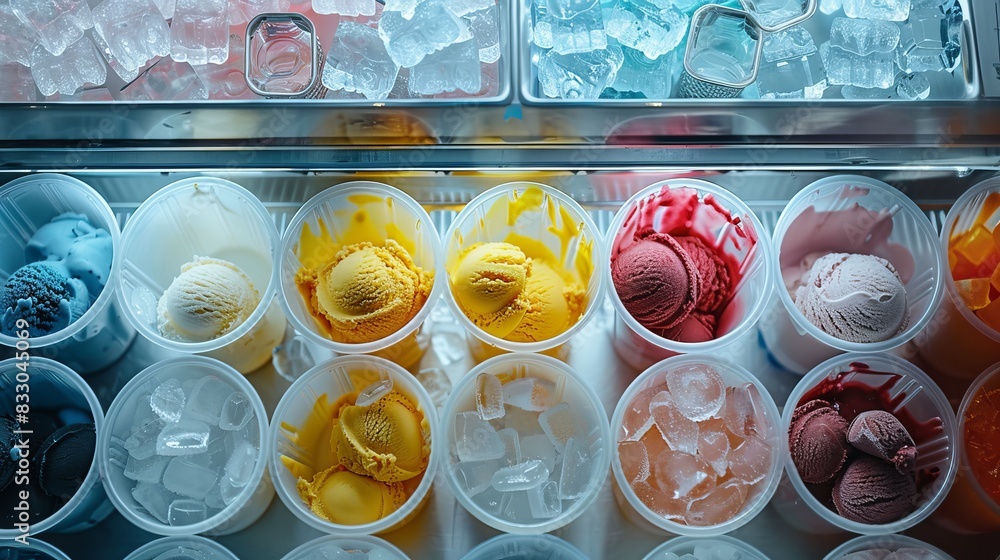 Top-down view of a freezer shelf, multiple ice cream tubs arranged, ice ...