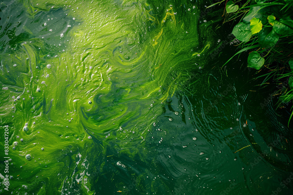 green river water caused by microalgae growth. microorganisms in a pond ...