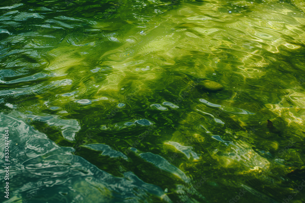 green river water caused by microalgae growth. microorganisms in a pond ...