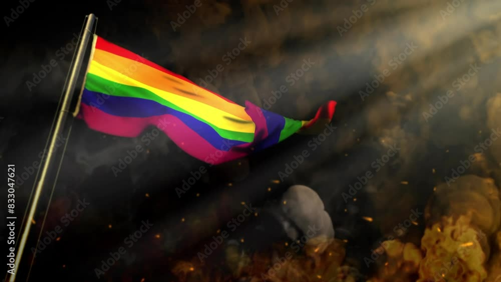 waving Gay Pride flag on smoke and fire with sun beams - catastrophe ...