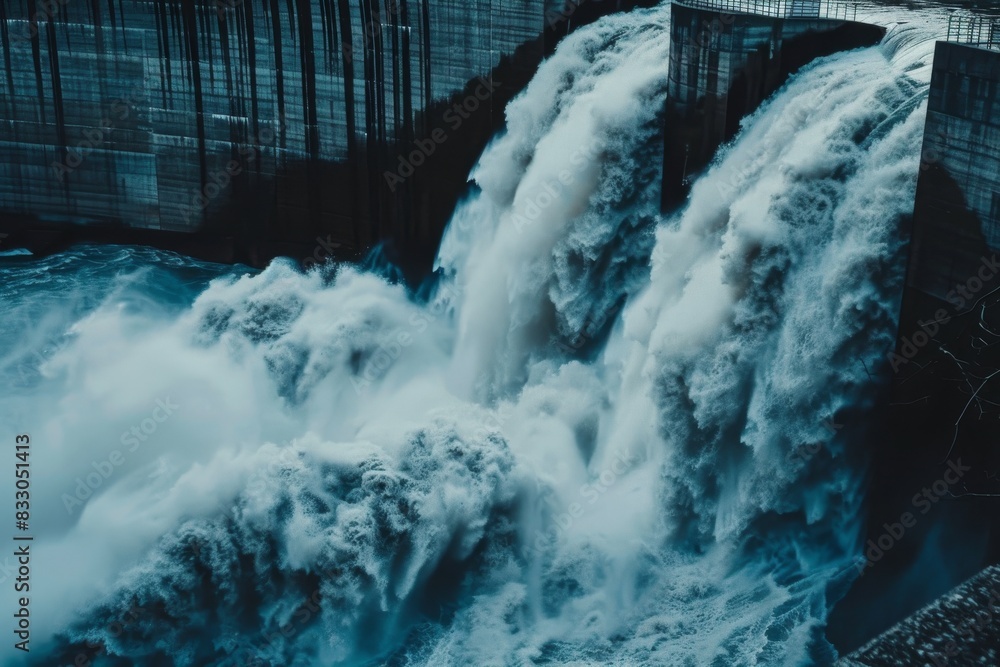 A dramatic shot of water gushing from a hydroelectric dam's spillway ...