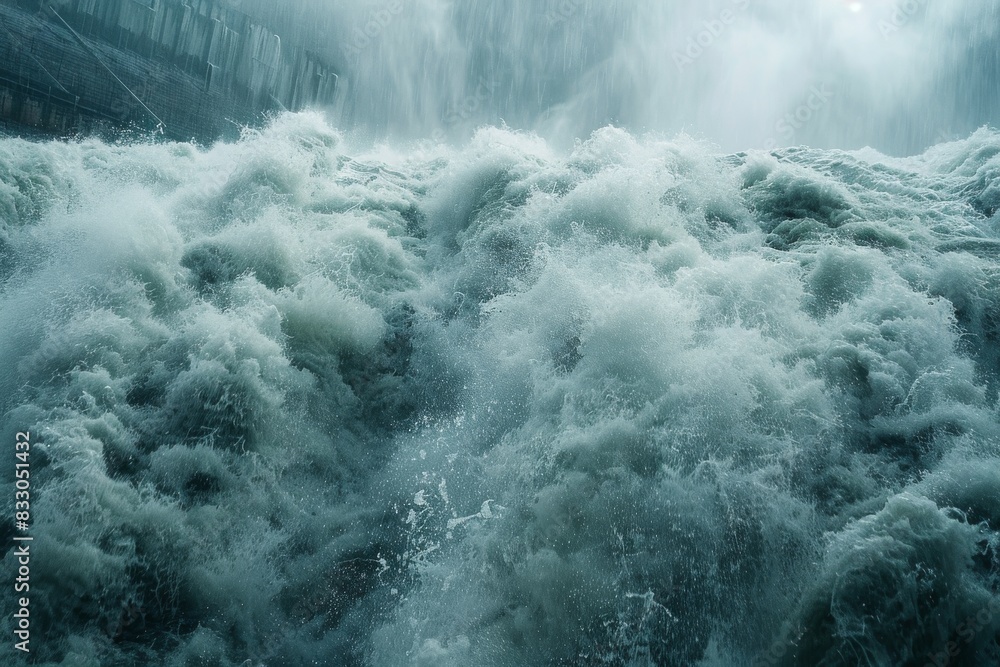 A dramatic shot of water gushing from a hydroelectric dam's spillway ...
