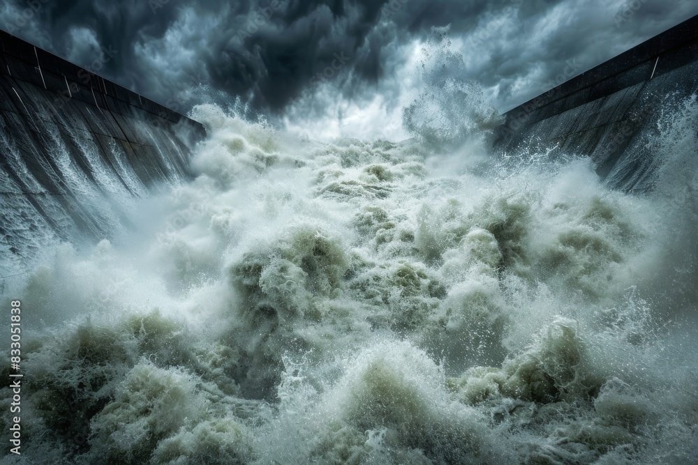 A dramatic shot of water gushing from a hydroelectric dam's spillway ...