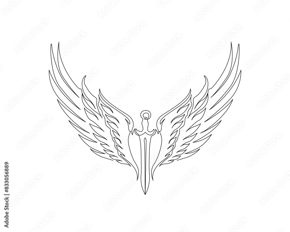 Continuous one line drawing of sword wings. Simple sword with angel ...