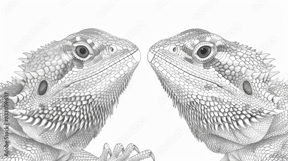 A highly detailed pencil drawing of two bearded dragons facing each ...