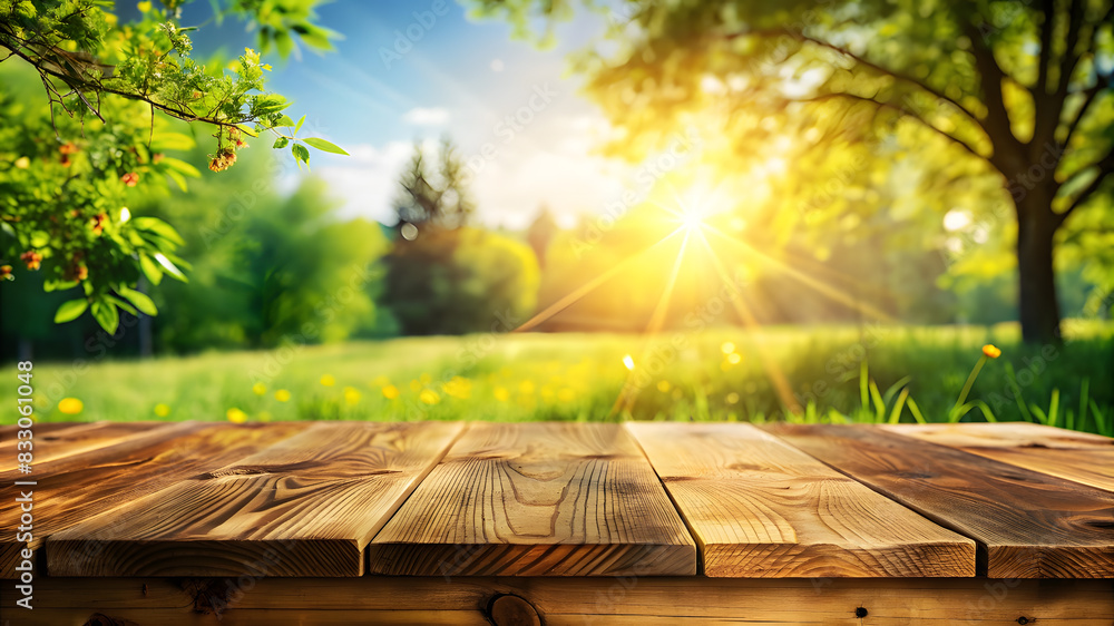 Sunny Serenity: Wooden Table Against Blissful Summer Backdrop. Perfect ...