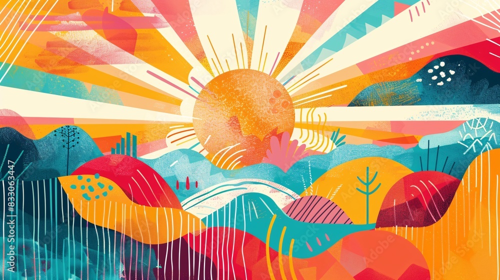 11. An energetic, colorful illustration of a sun with rainbow rays ...