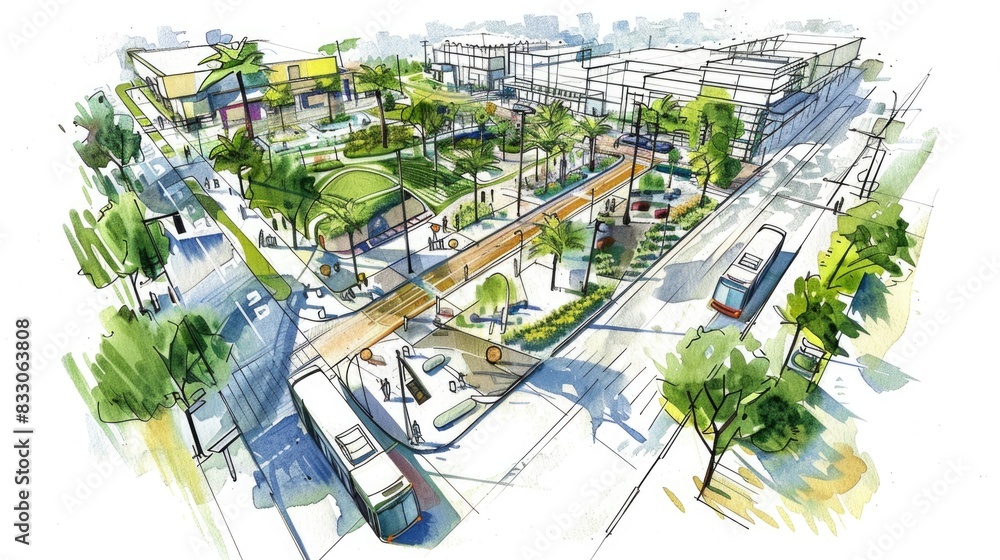 Urban planning sketch highlighting sustainable elements like green ...